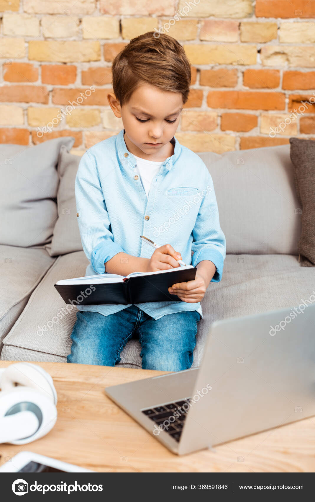 Boy Writing Notebook Laptop While Learning Home — Stock Photo ...