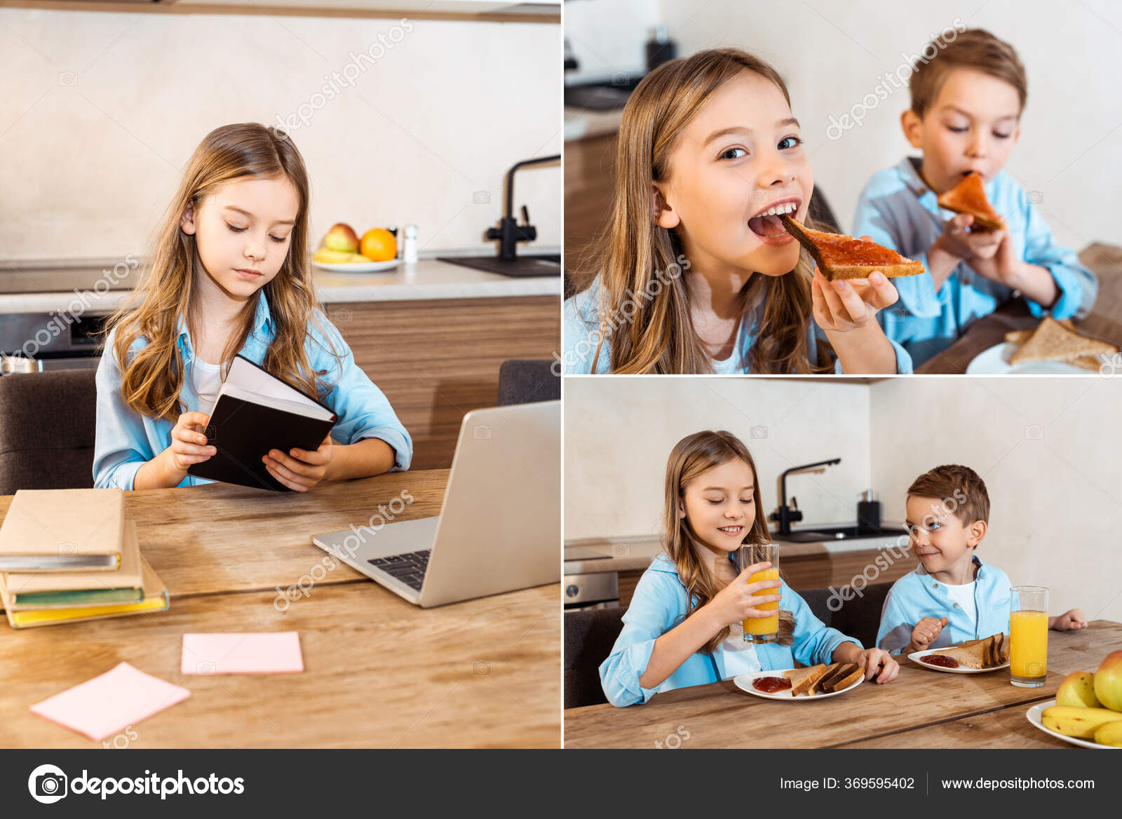 Collage Siblings Having Breakfast Kid Using Laptop While Learning Home ...