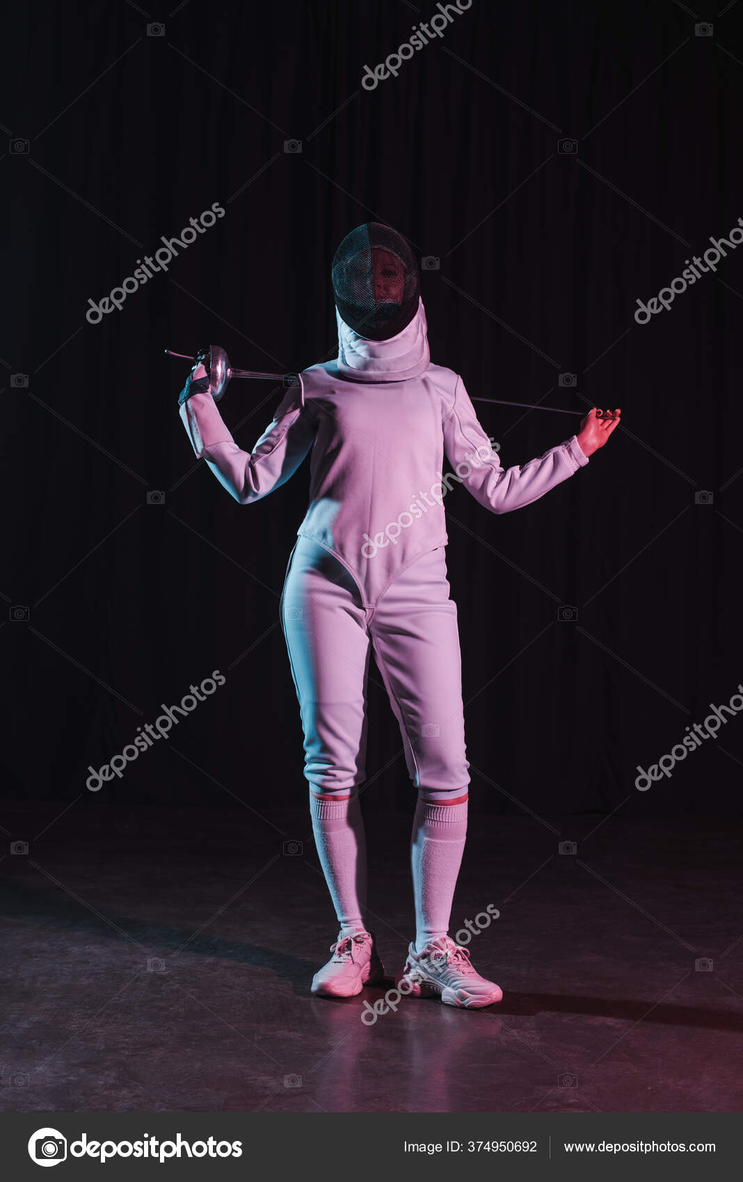 Fencer Fencing Mask Suit Holding Rapier Shoulders Black Background ...