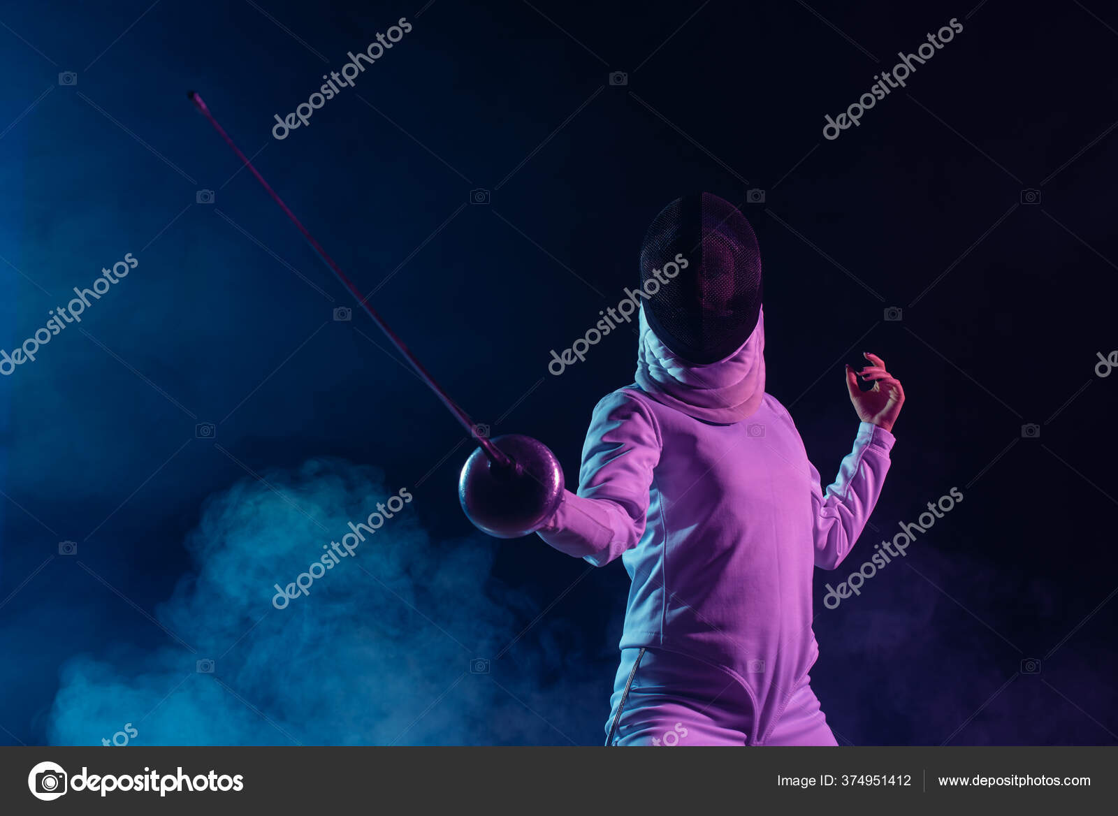 Low Angle View Swordswoman Fencing Black Background Smoke Lighting ...