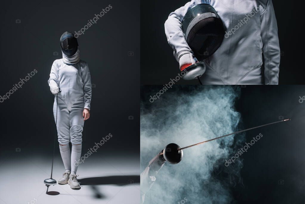 Collage de esgrima de espadachín sobre fondo negro con humo 2024