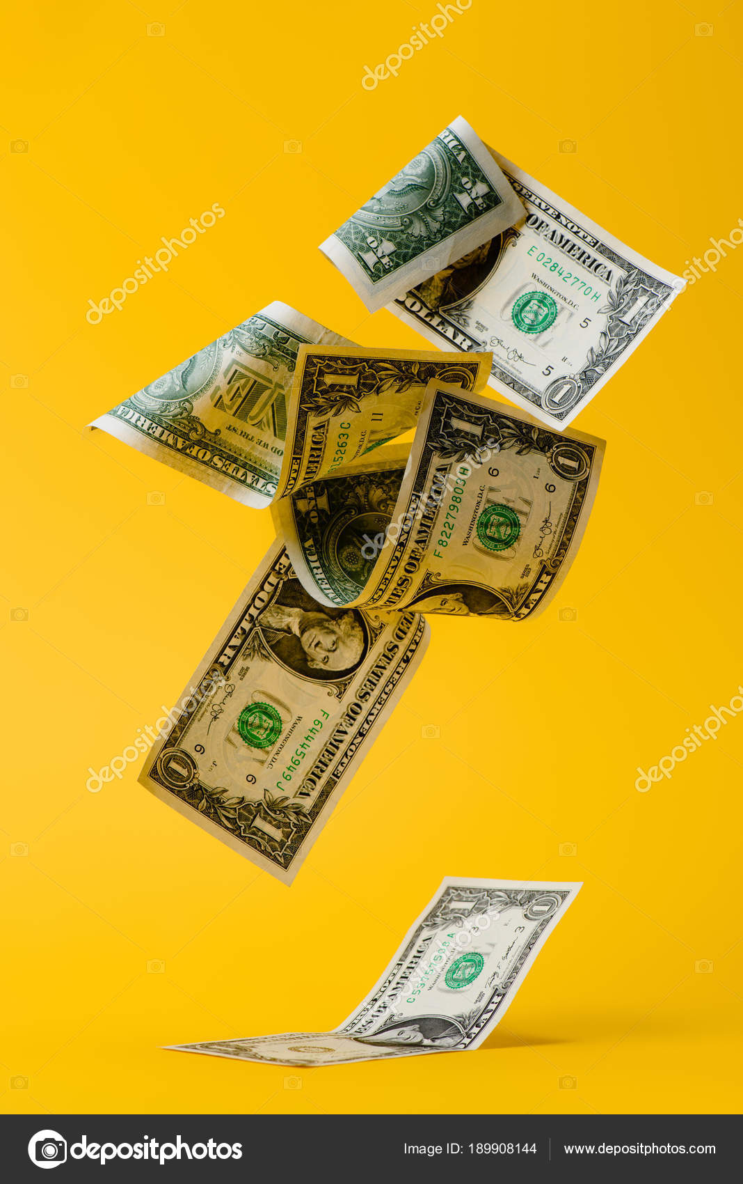 Close View Falling Dollar Banknotes Isolated Yellow Stock Photo by ...