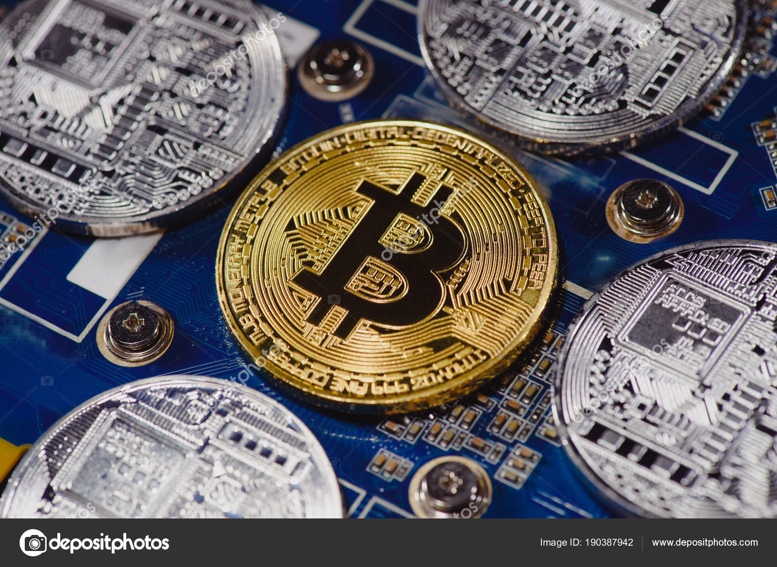 Close View Arranged Golden Silver Bitcoins Computer Motherboard — Stock ...