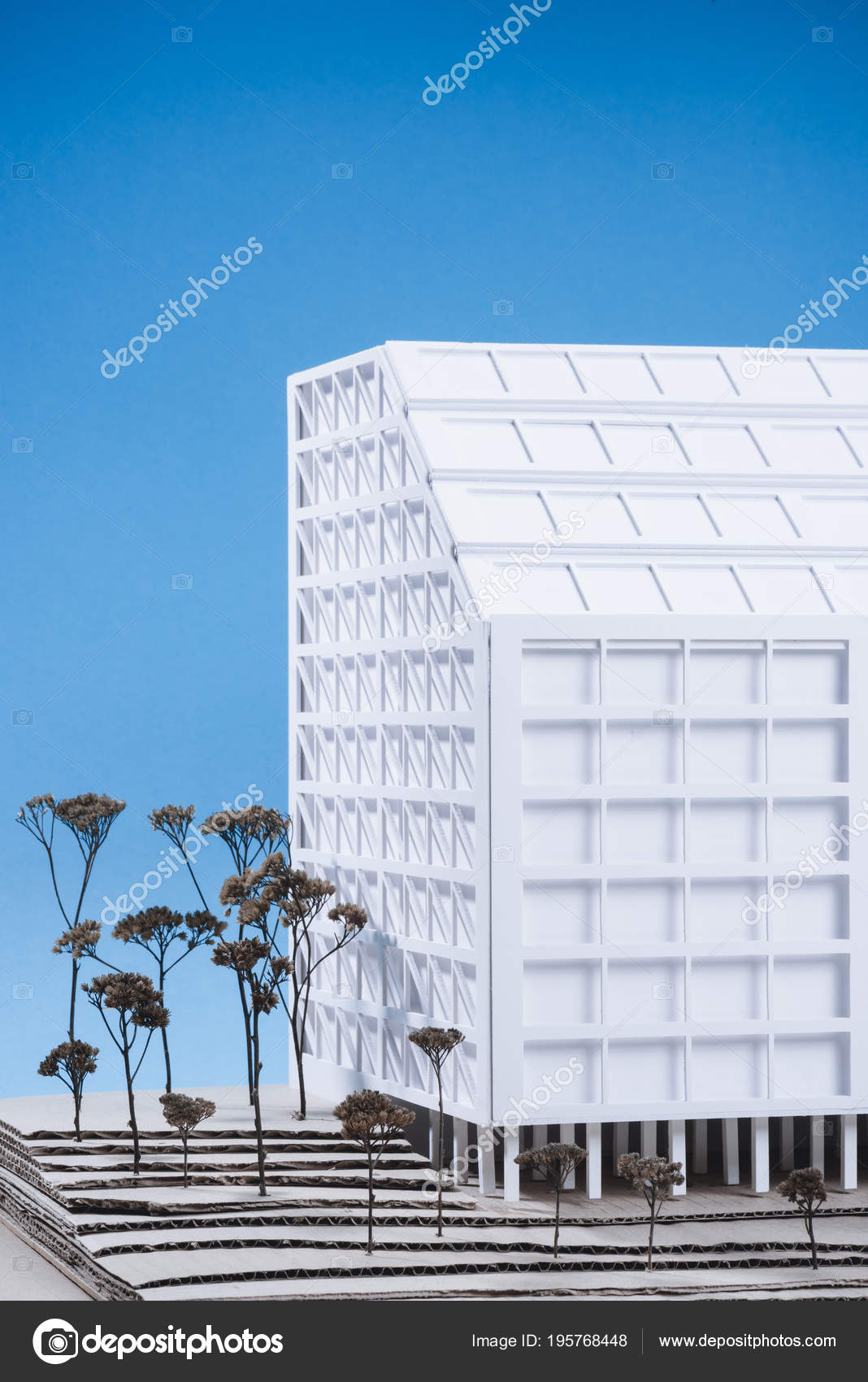 Close View White Building Model Miniature Trees Blue Background — Stock ...