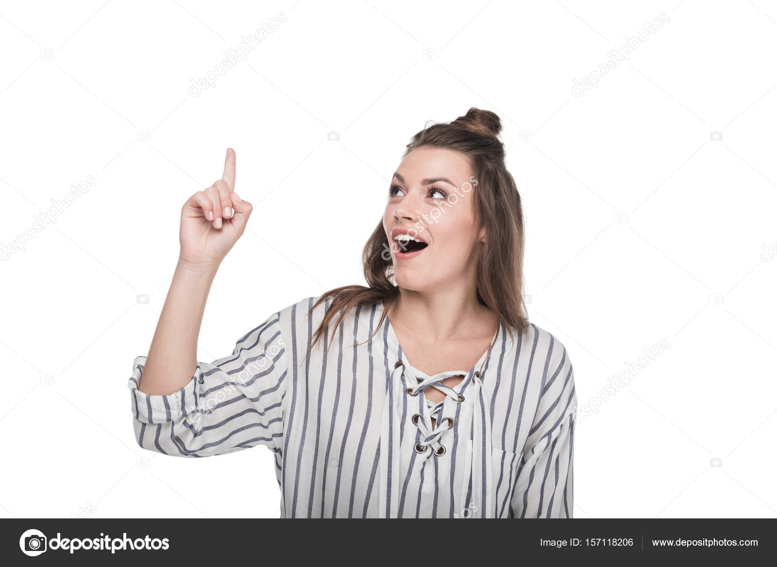 Excited woman pointing up Stock Photo by ©AllaSerebrina 157118206 Excited woman pointing up Stock Photo by ©AllaSerebrina 157118206
