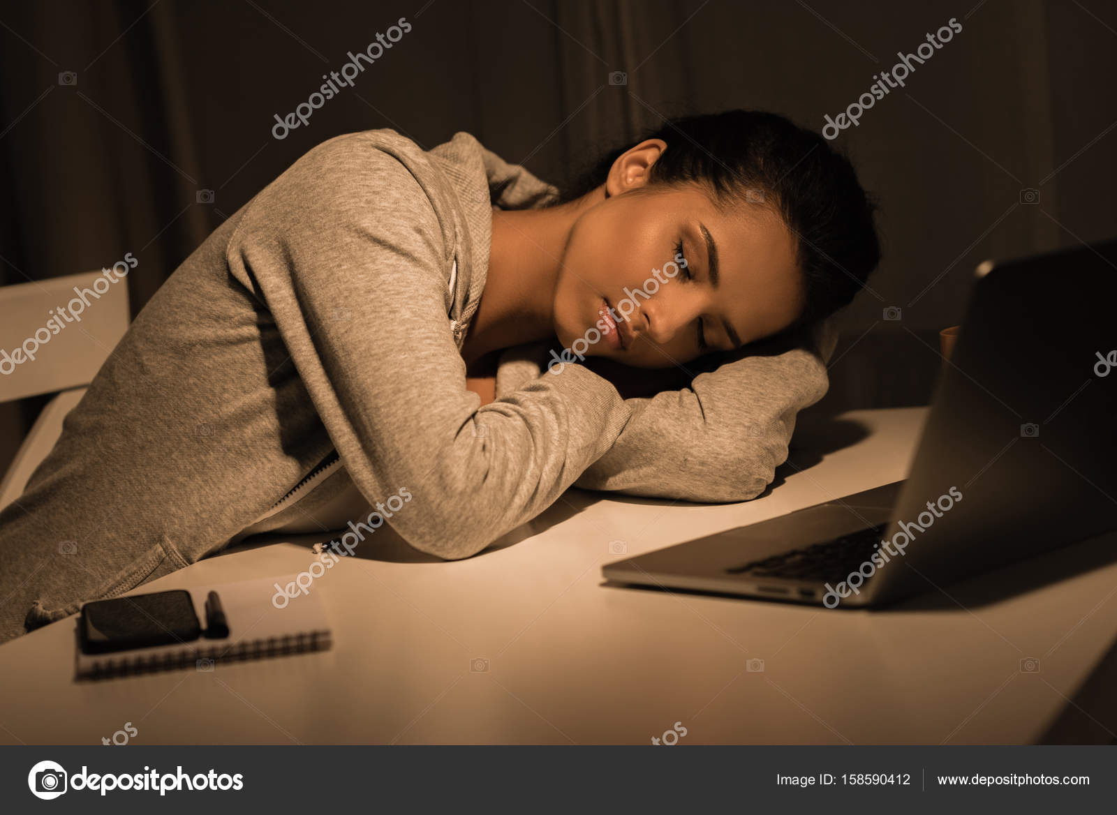 Tired woman sleeping at table near laptop — Stock Photo © AllaSerebrina ...