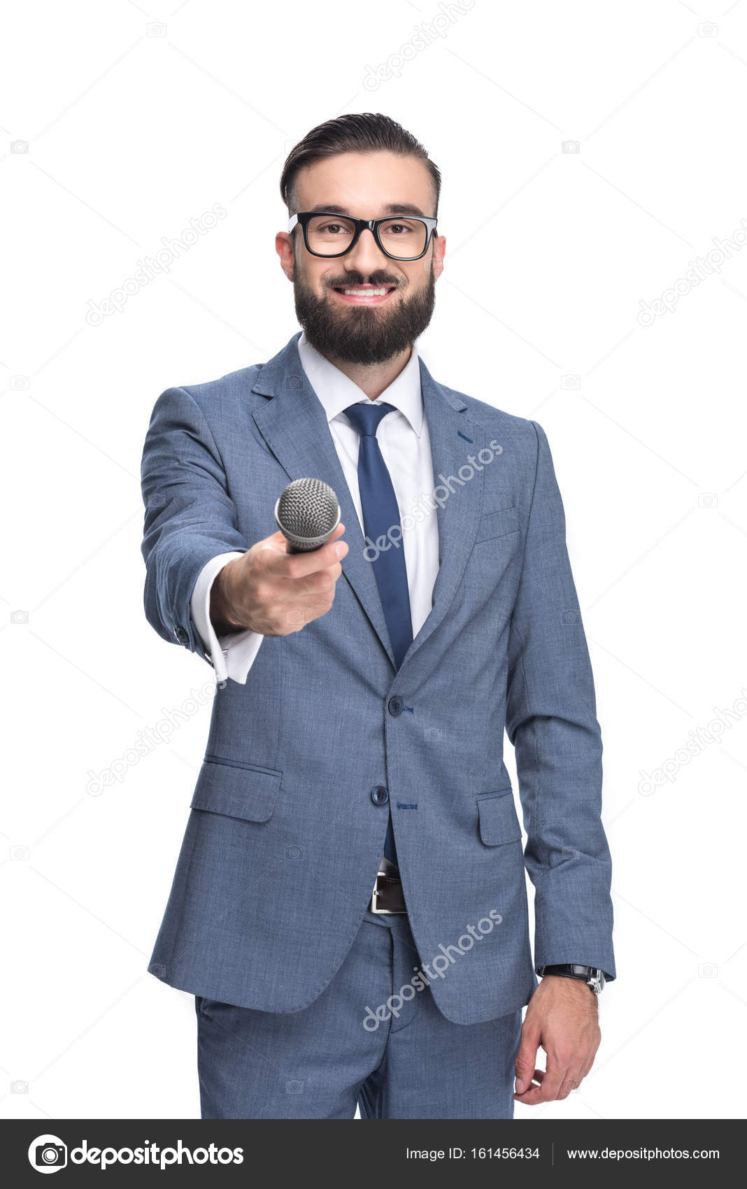 Journalist taking interview with microphone Stock Photo by ...