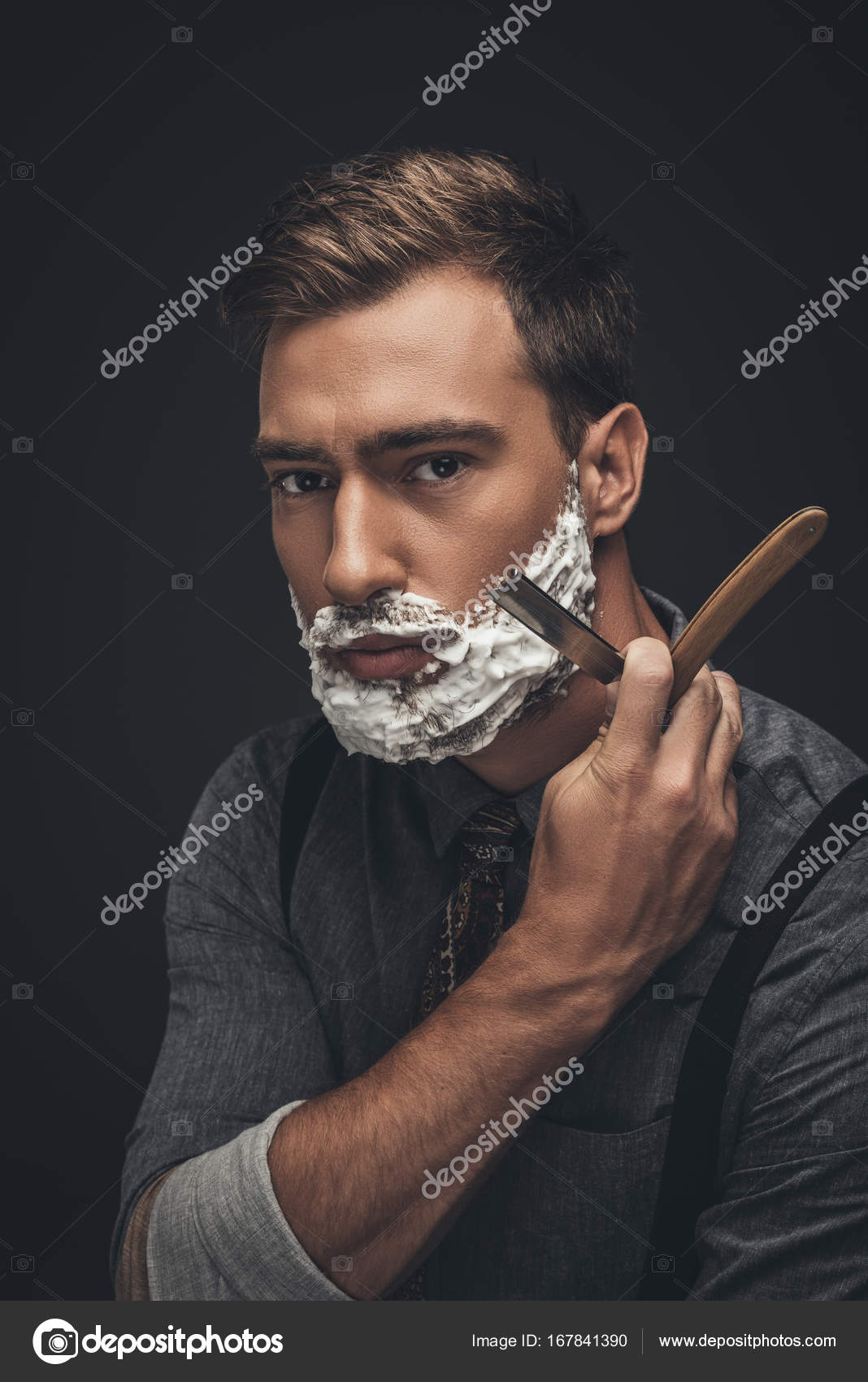 Man shaving with straight razor — Stock Photo © AllaSerebrina #167841390 Man shaving with straight razor — Stock Photo © AllaSerebrina #167841390