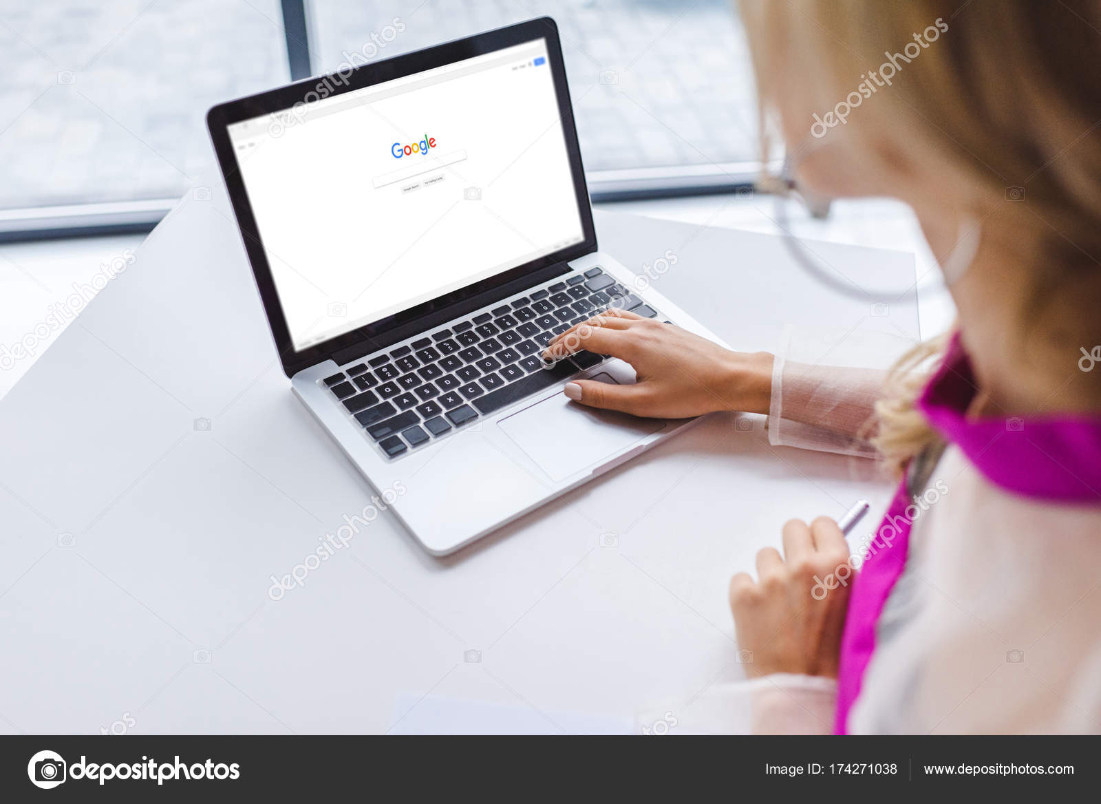 Woman using laptop with google – Stock Editorial Photo © AllaSerebrina ...