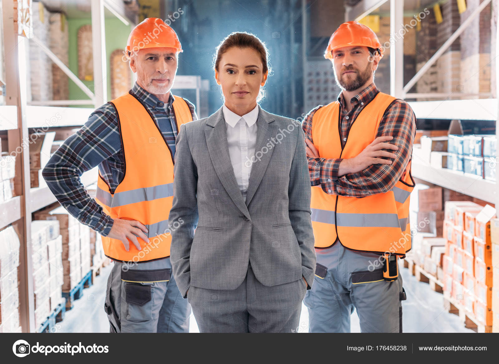 Workers Helmets Inspector Suit Posing Storehouse Stock Photo by ...