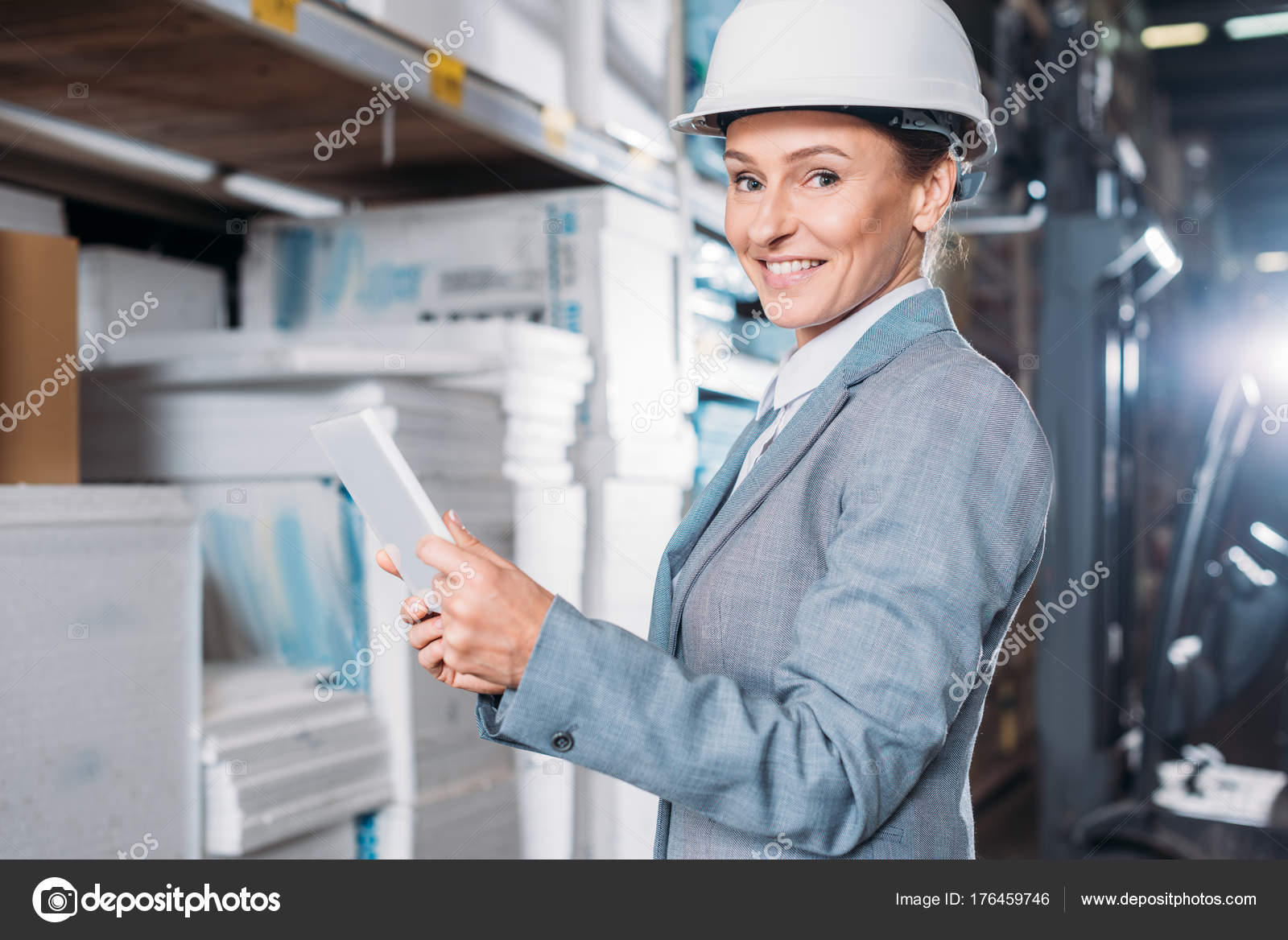 Female Inspector Helmet Using Digital Tablet Warehouse — Free Stock ...