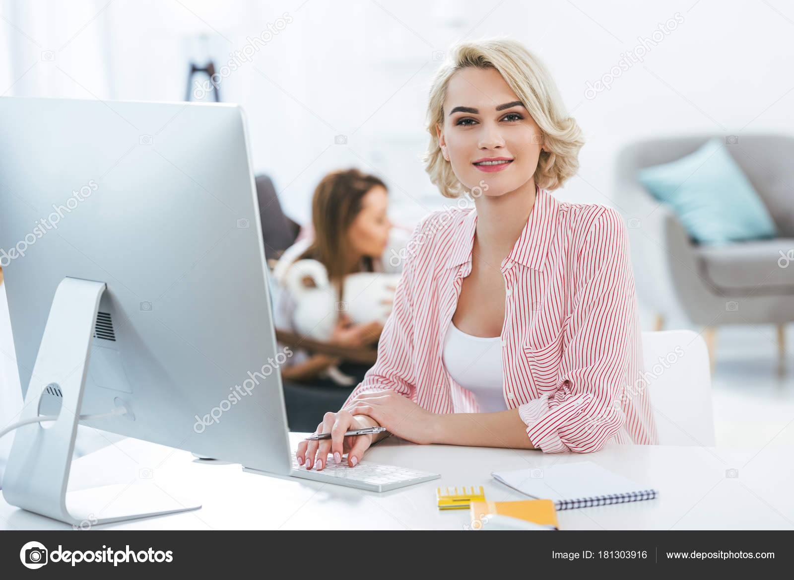 Beautiful Blonde Girl Working Computer Home Stock Photo by ...