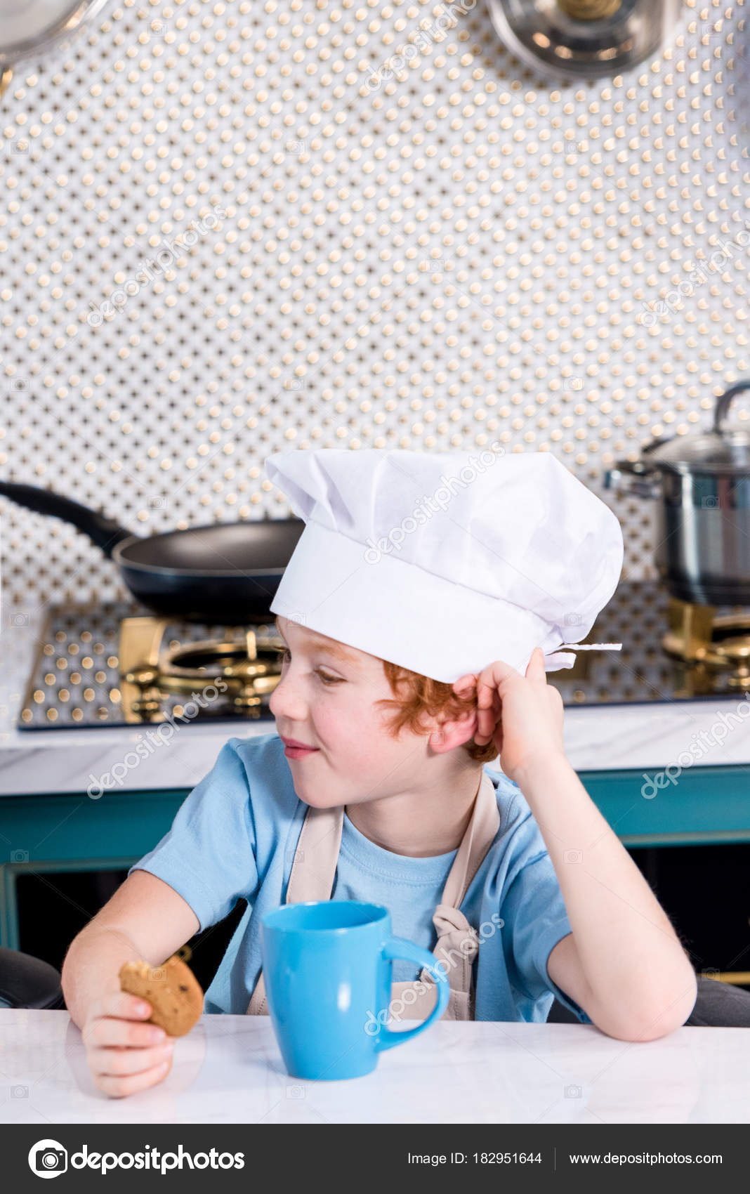 Cute Little Boy Chef Hat Drinking Tea Eating Cookie Kitchen — Free ...