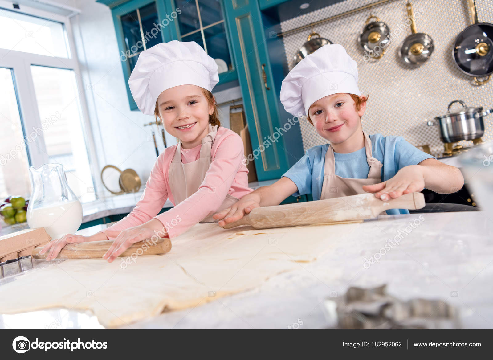 Children Preparing Dough Smiling Camera Kitchen — Stock Photo ...