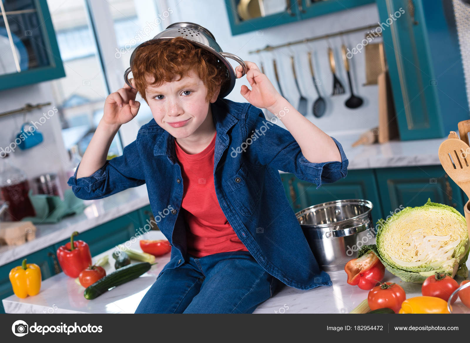 Cute Little Boy Pan Head Smiling Camera While Sitting Kitchen — Stock ...