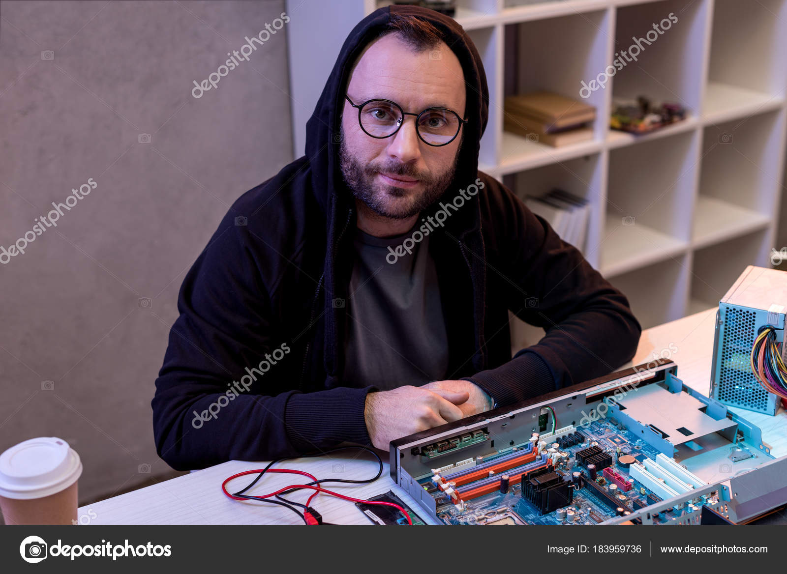 Man Hoodie Sitting Broken Computer Table — Free Stock Photo ...