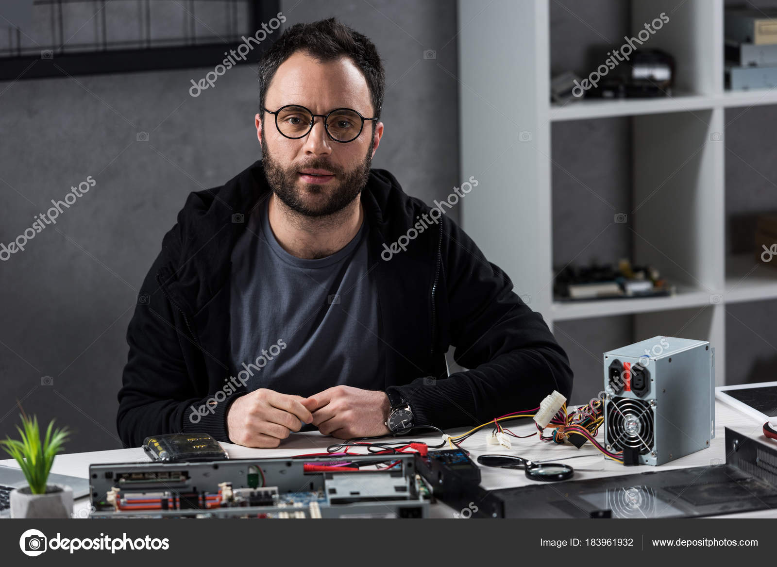 Man Sitting Broken Computer Table Looking Camera — Free Stock Photo ...