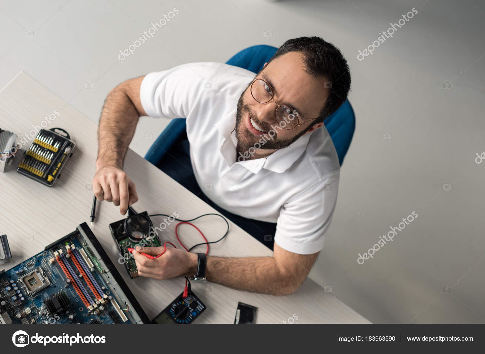 Overhead View Smiling Man Holding Multimeter Magnifier Hands — Stock ...