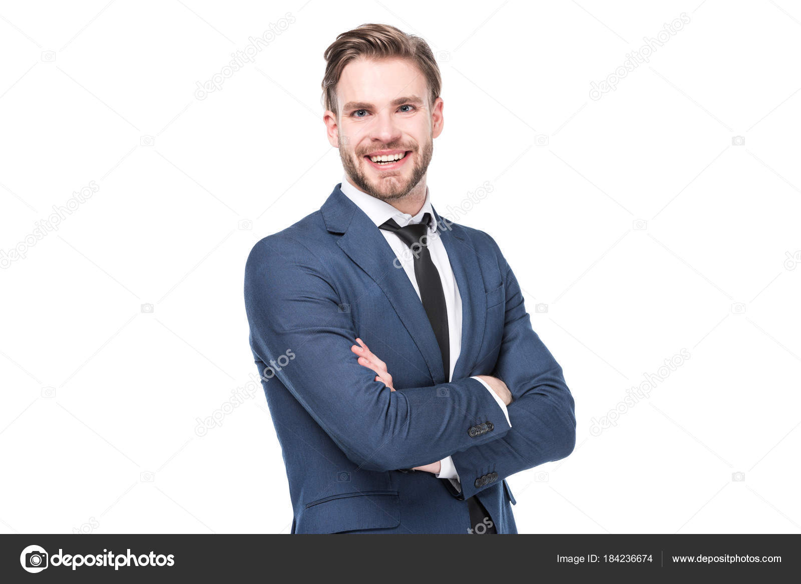 Portrait Smiling Caucasian Businessman Arms Crossed Isolated White