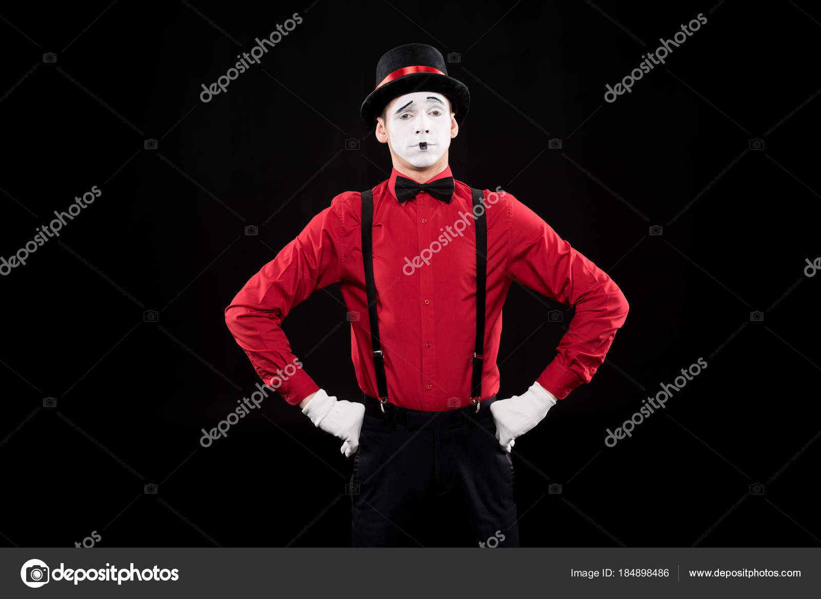 Grimacing Mime Standing Hands Akimbo Isolated Black — Stock Photo ...