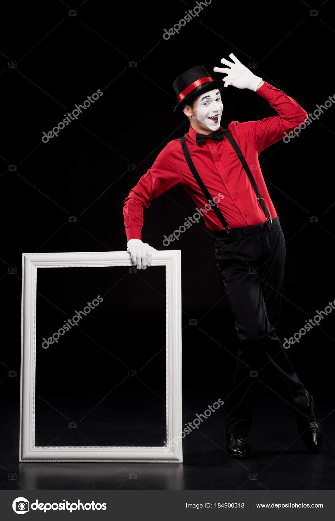 Happy Mime Leaning Frame Waving Hand Isolated Black — Stock Photo ...