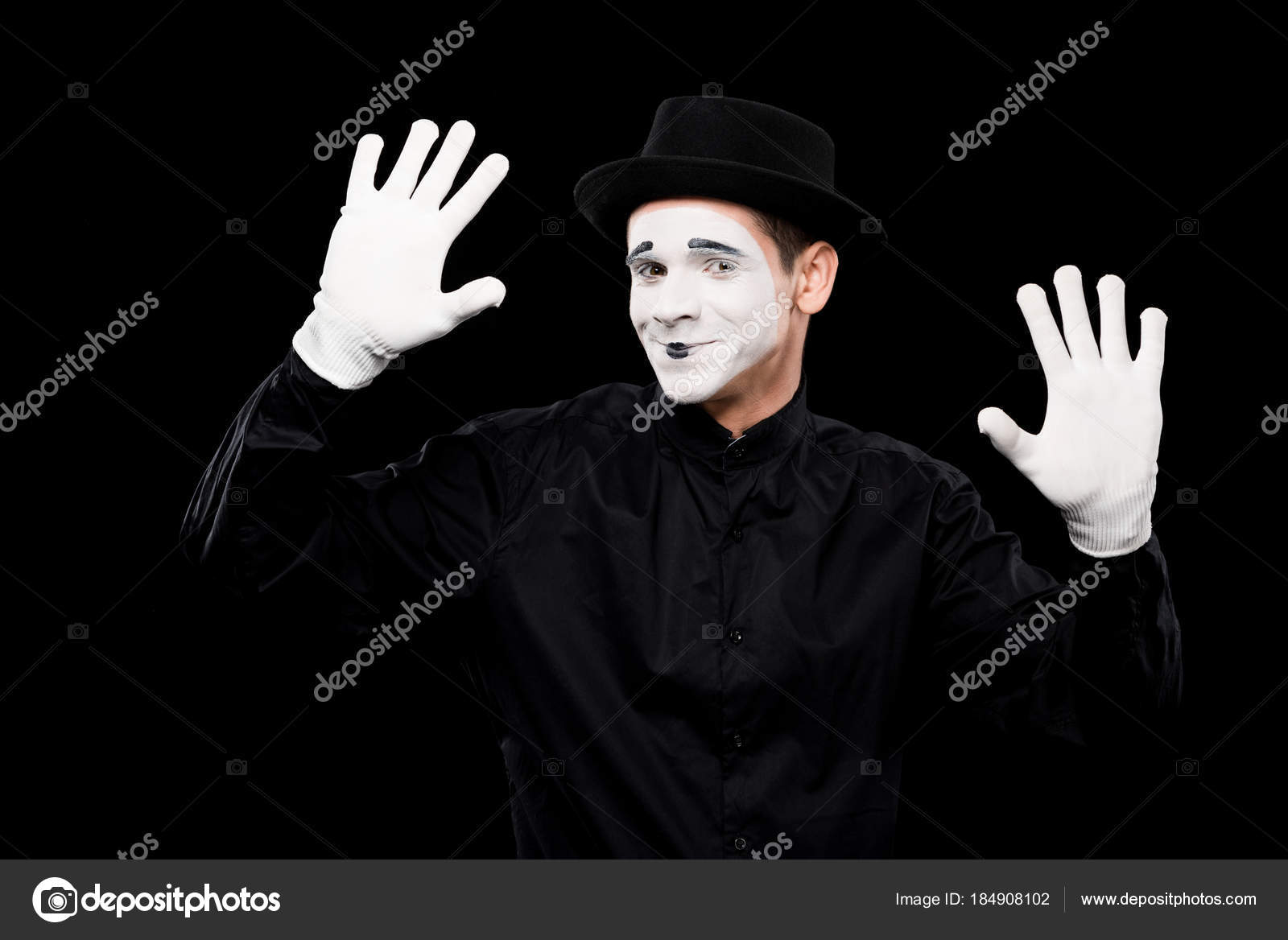 Smiling Mime Performing Touching Something Isolated Black — Stock Photo ...