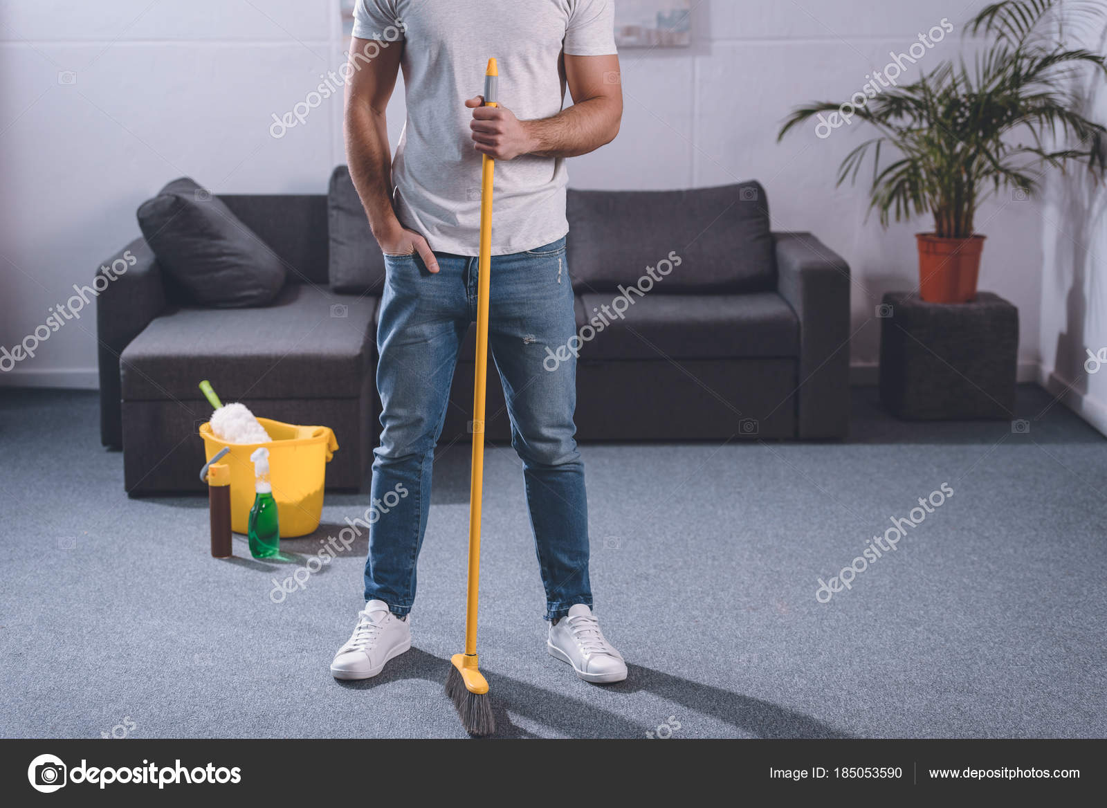 Cropped Image Man Standing Broom Living Room — Stock Photo ...
