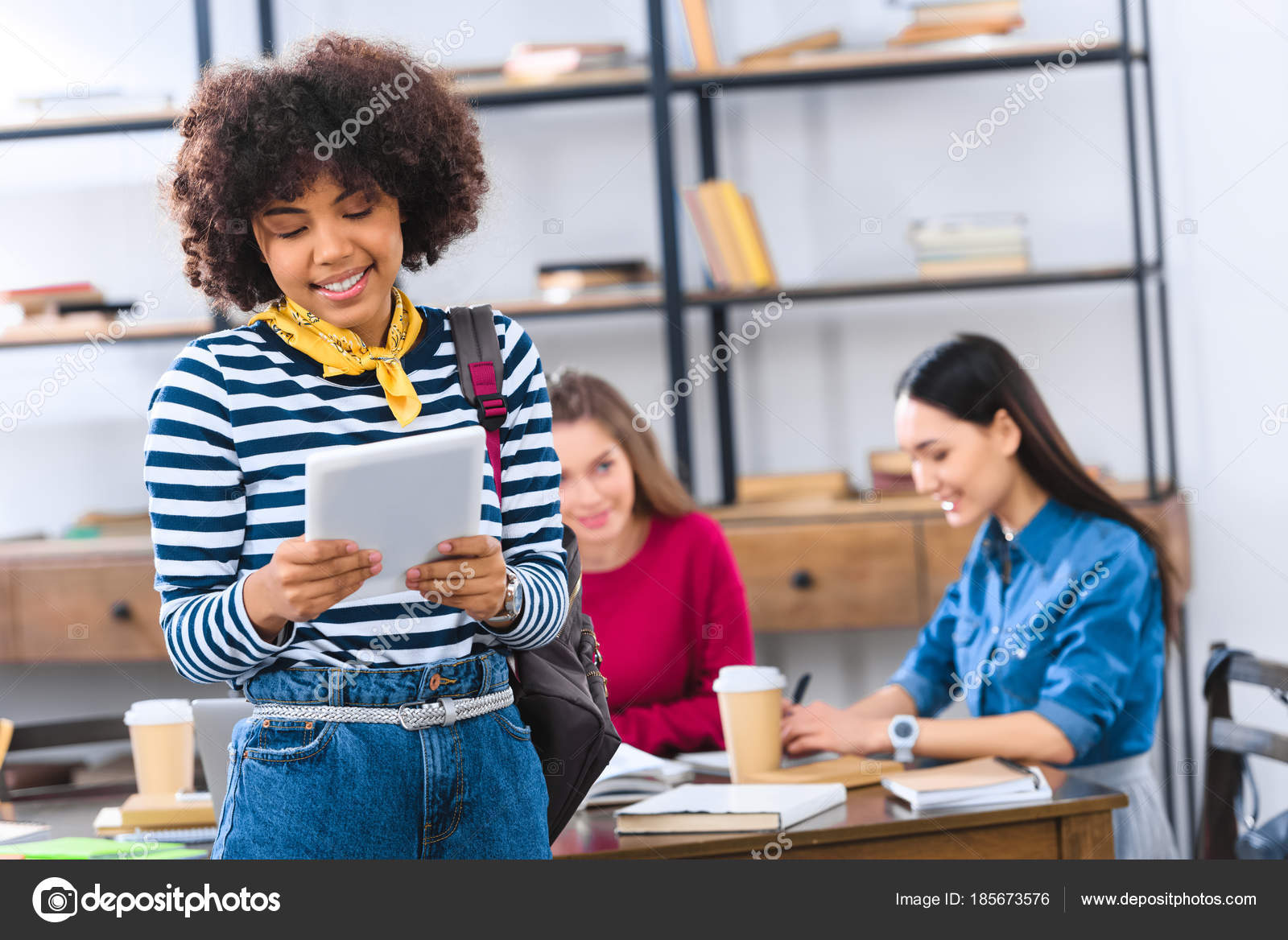 Selective Focus African American Student Using Tablet — Stock Photo ...