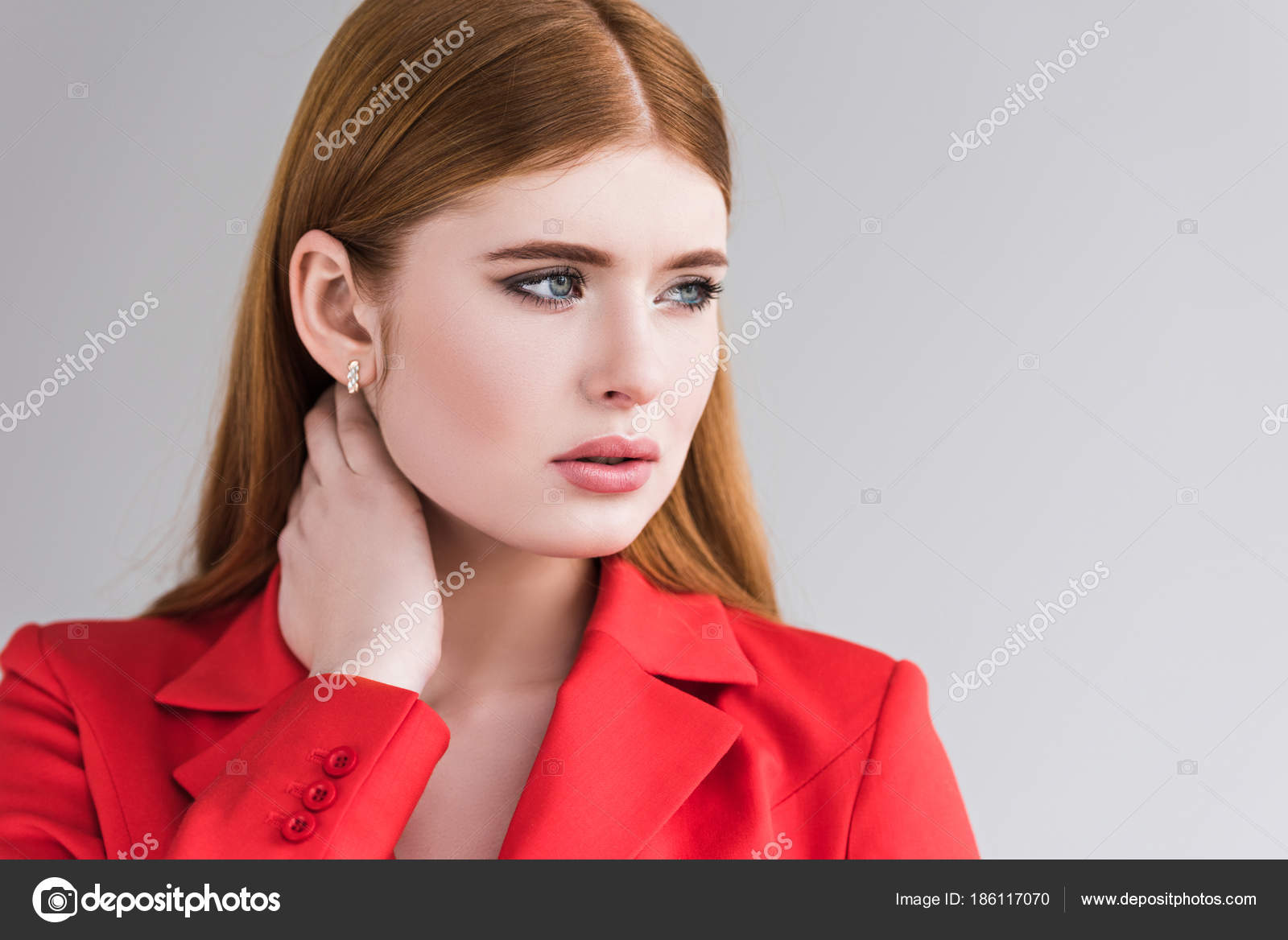 Portrait Young Female Fashion Model Earrings Jacket Isolated Grey Stock ...