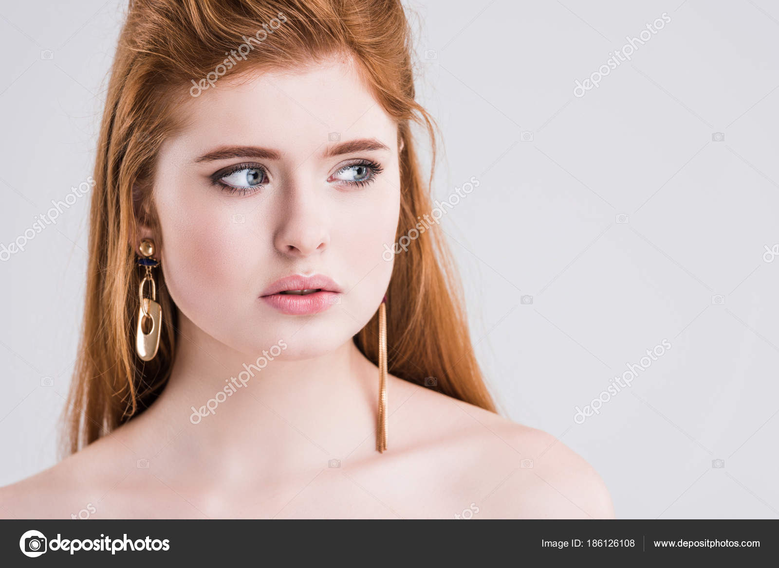 Portrait Young Female Model Earrings Isolated Grey — Stock Photo ...