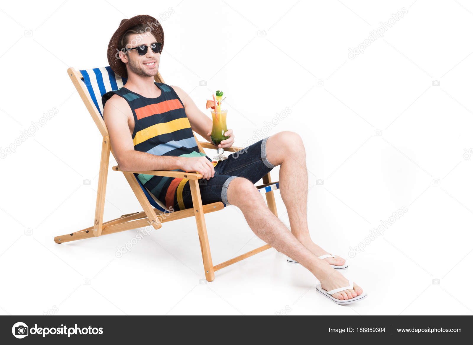 Handsome Man Sunglasses Hat Relaxing Beach Chair Cocktail Isolated