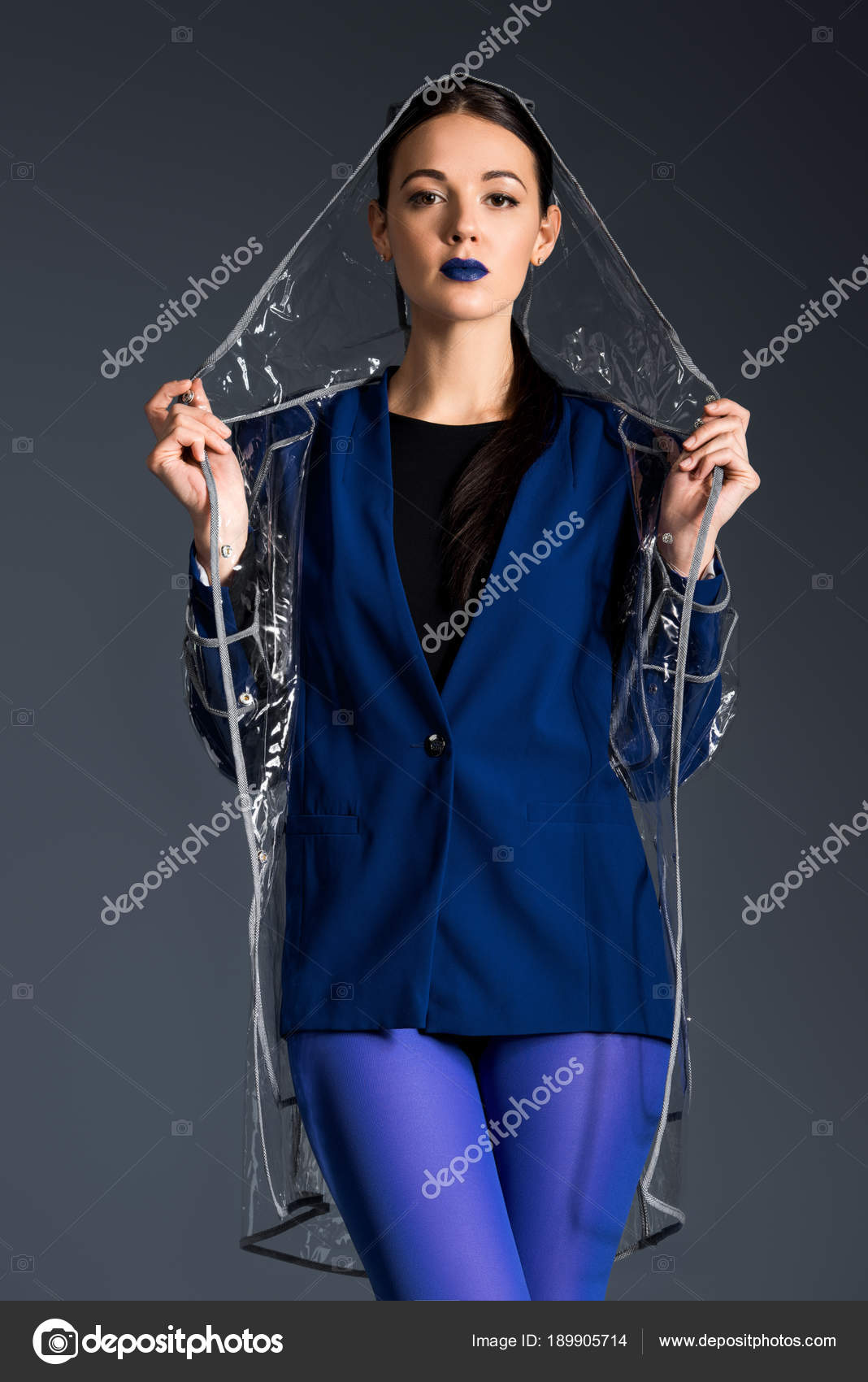 Attractive Woman Blue Jacket Transparent Raincoat Isolated Dark ...