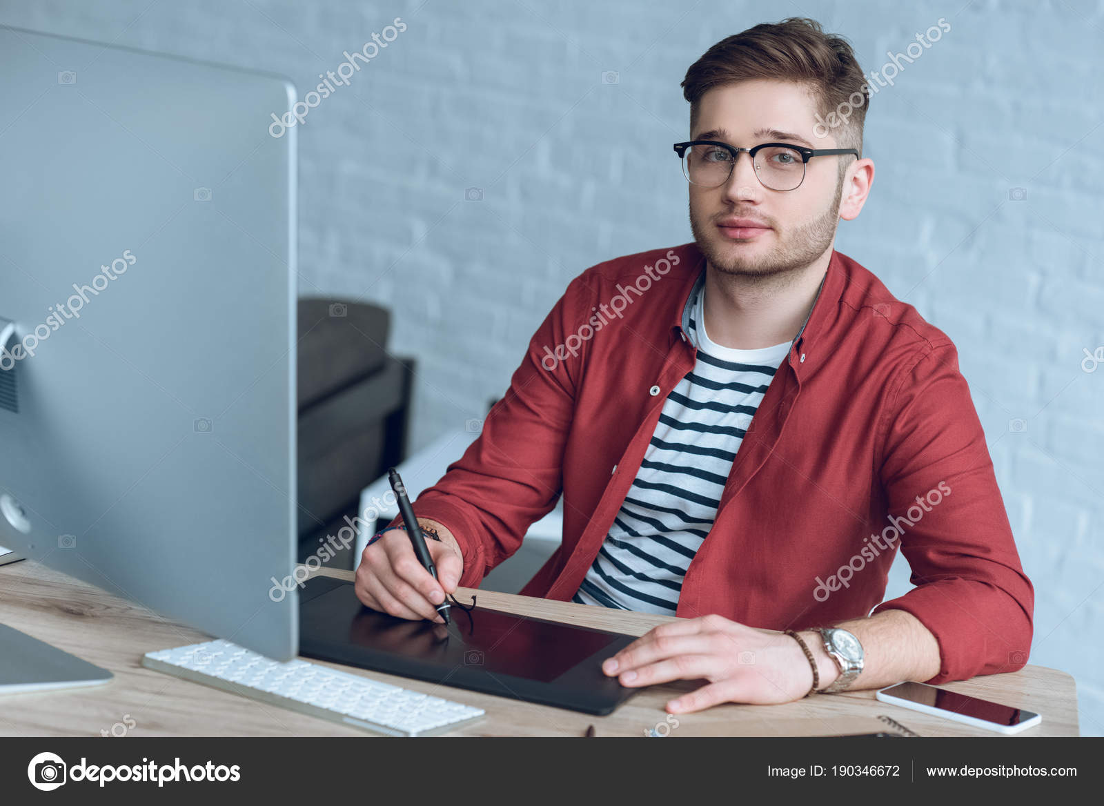 Man Freelancer Work Table Computer Graphic Tablet Stock Photo by ...