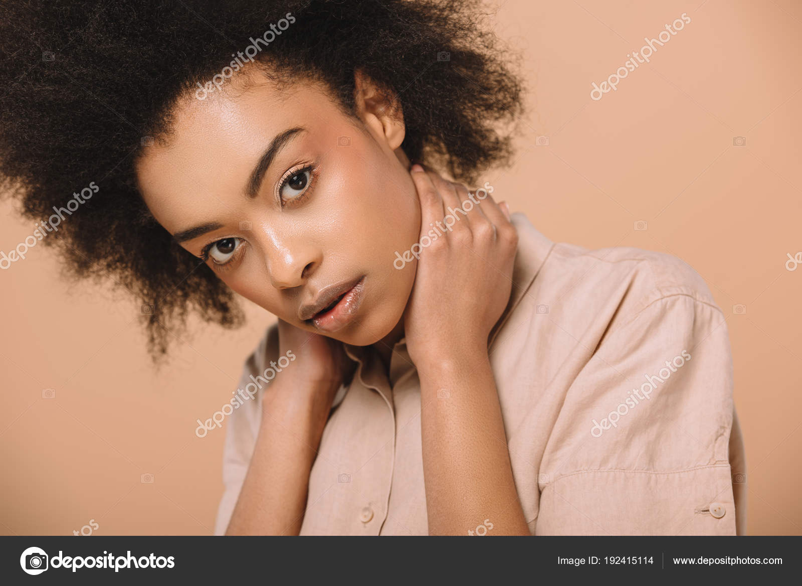 Close Portrait Attractive African American Woman Isolated Beige Stock