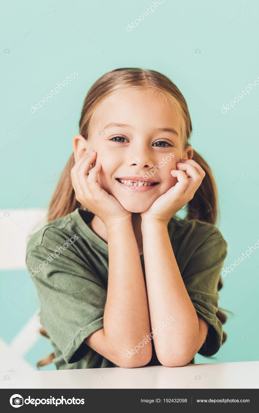 Portrait Adorable Little Child Sitting Table Smiling Camera — Stock ...