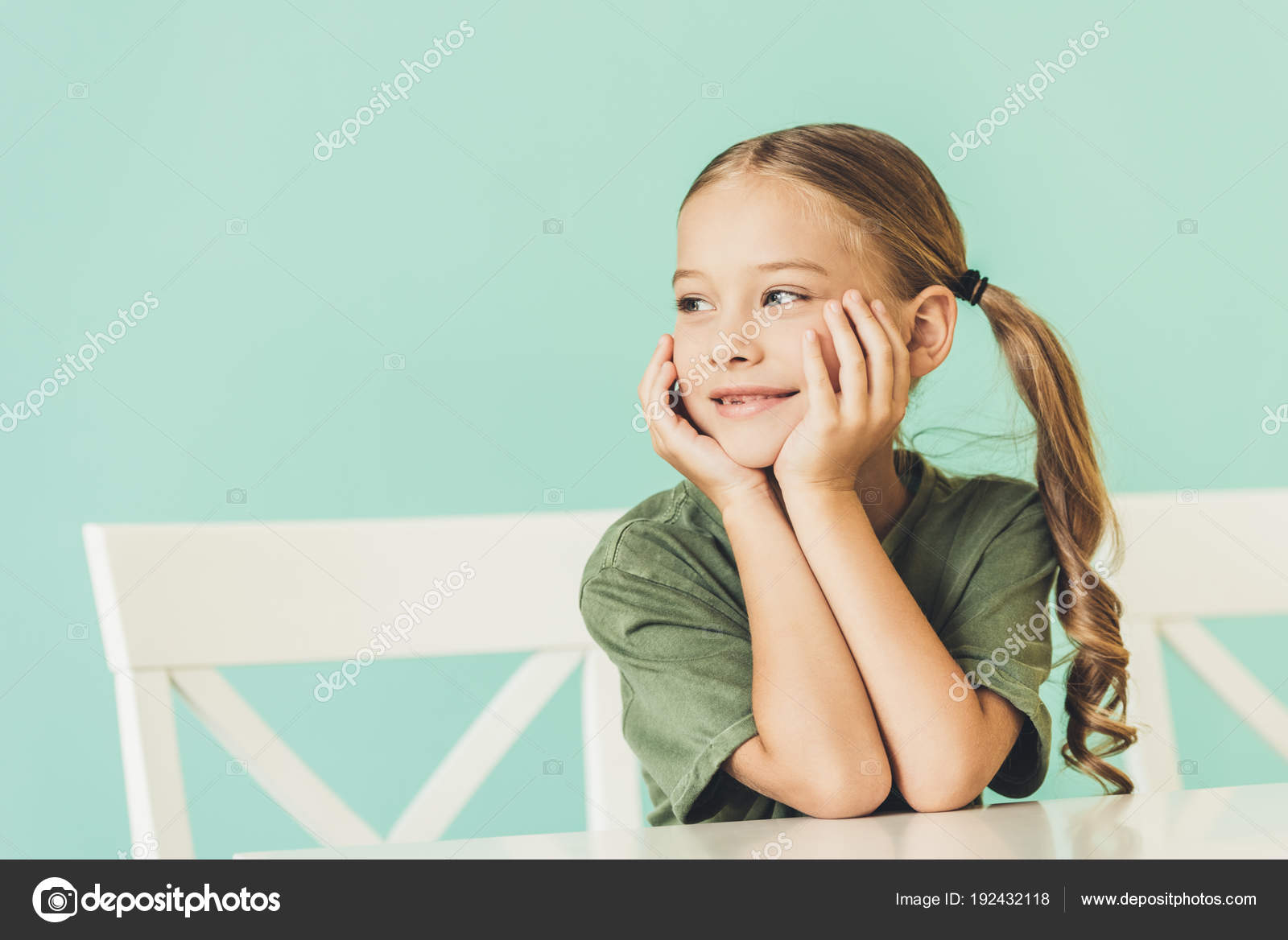 Portrait Adorable Little Child Sitting Table Looking Away — Stock Photo ...