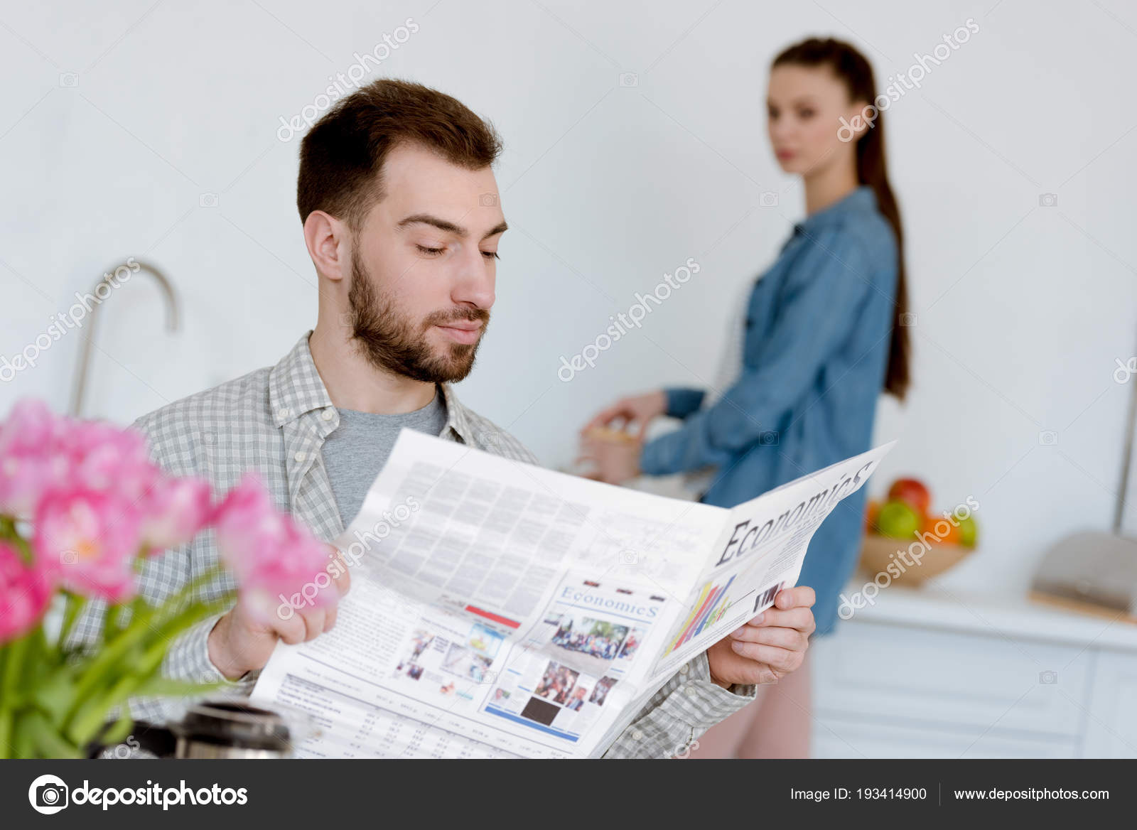 Husband Reading Newspaper Kitchen Wife Background — Free Stock Photo ...