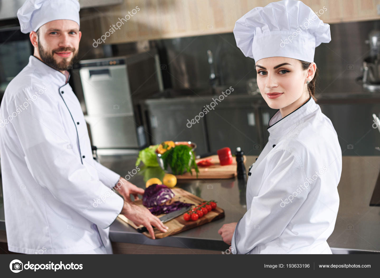 Professional Chefs Looking Camera Table Cooking Ingredients — Stock ...