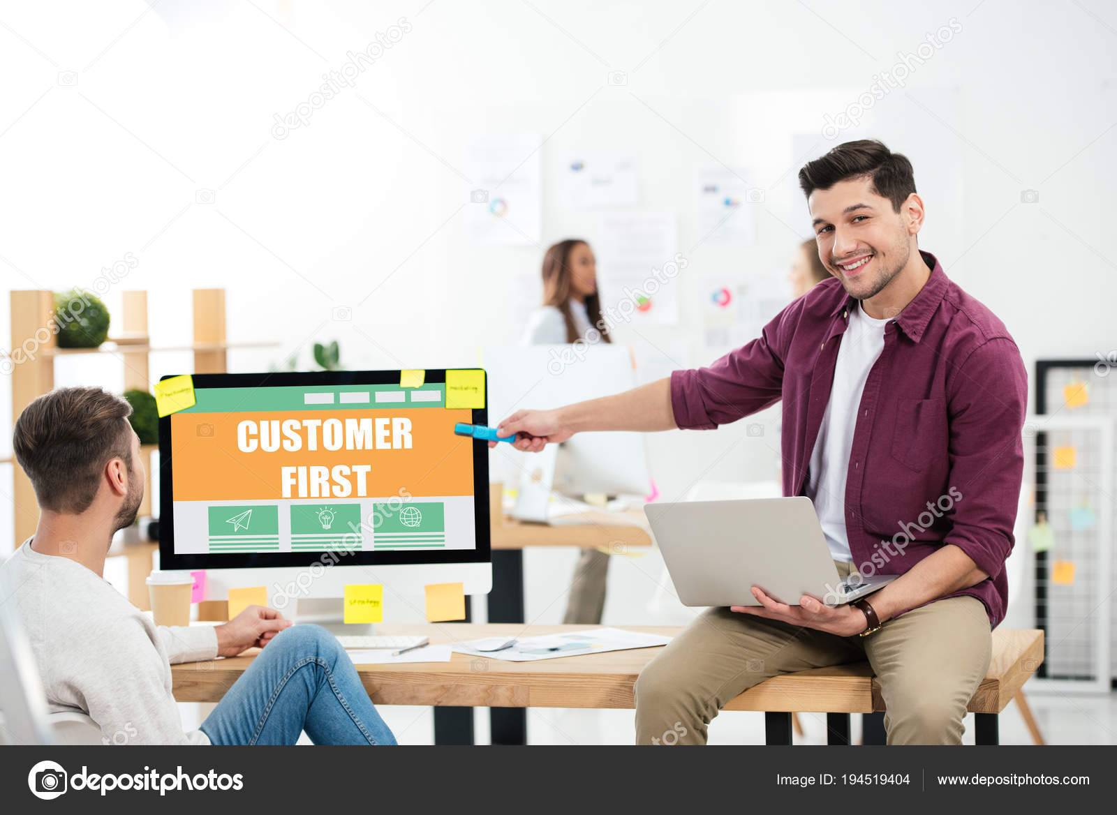 Businessman Pointing Customer First Inscription Computer Screen While ...