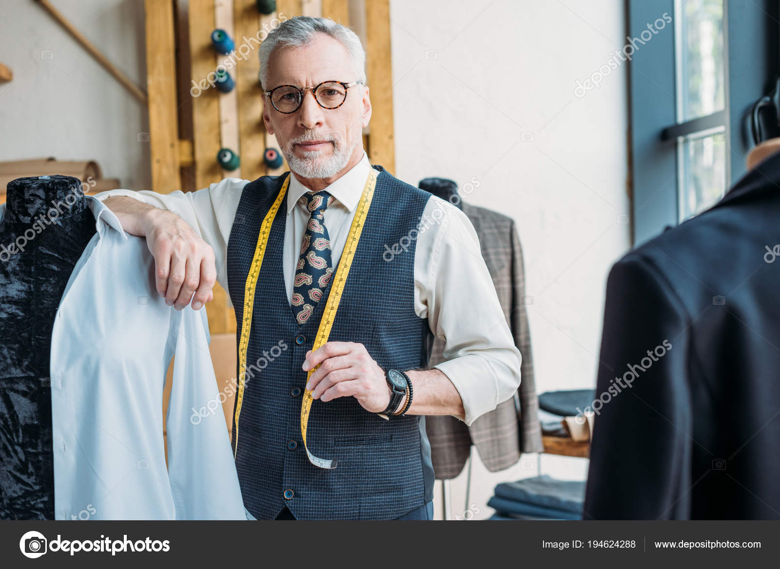 Handsome Tailor Leaning Mannequin Sewing Workshop Looking Camera Stock ...