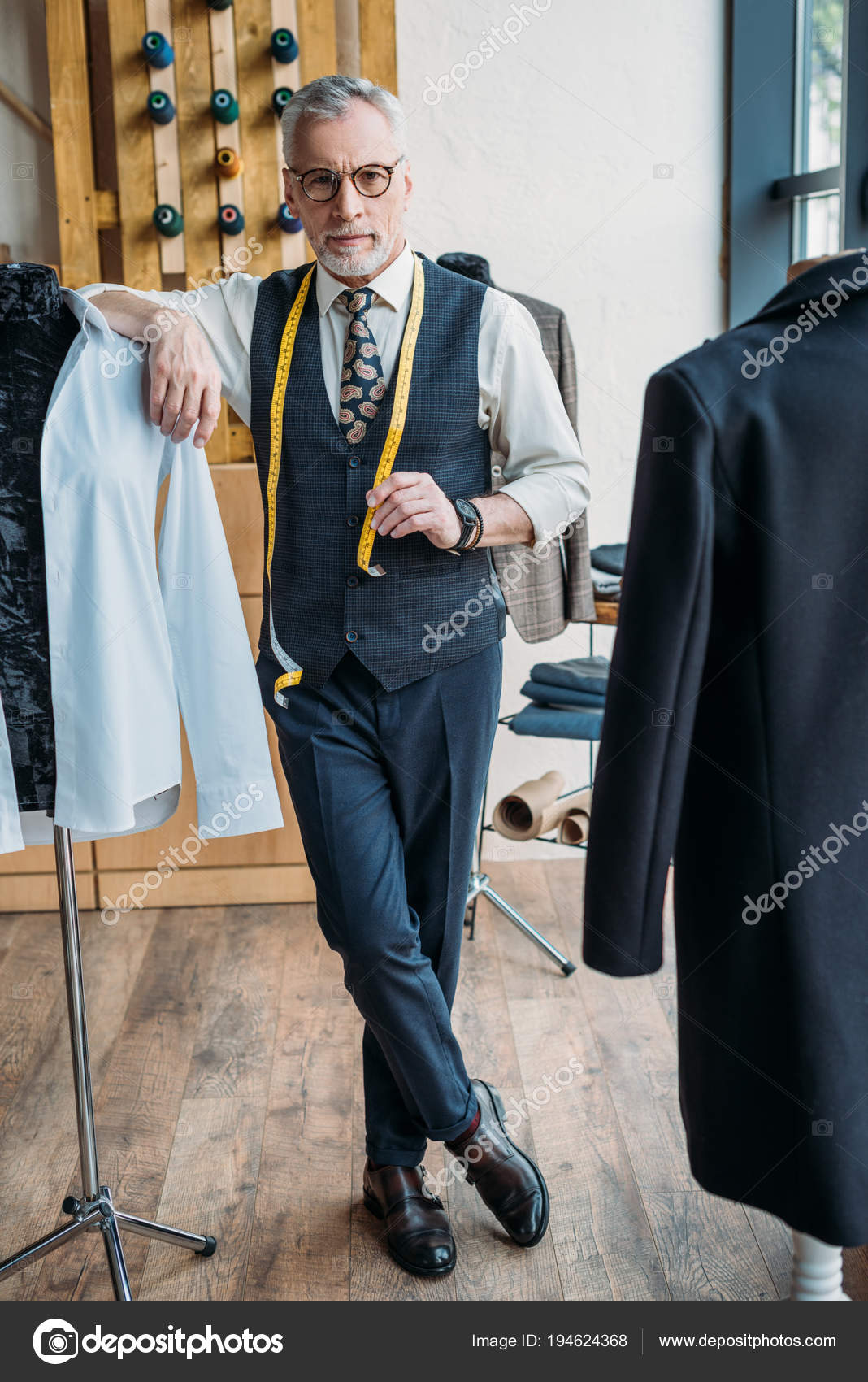 Handsome Tailor Leaning Mannequin Sewing Workshop — Stock Photo ...
