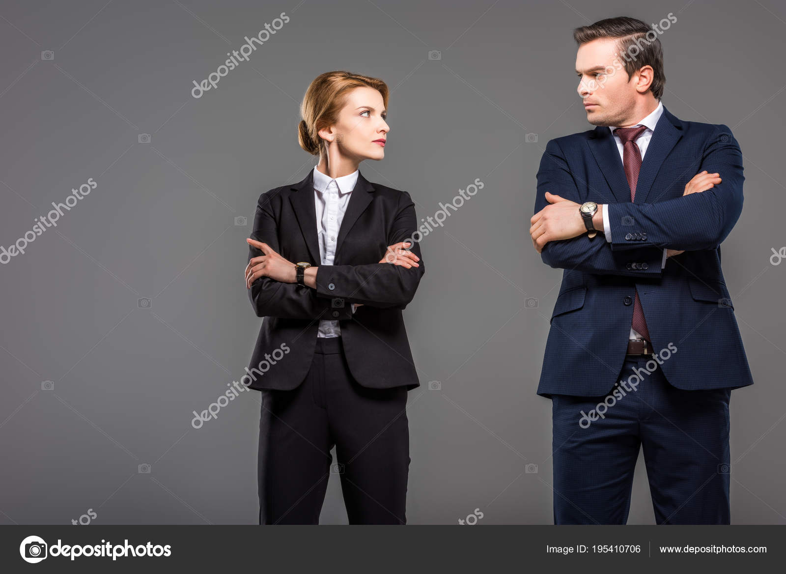 Businesswoman Businessman Formal Wear Posing Crossed Arms Isolated Grey ... Businesswoman Businessman Formal Wear Posing Crossed Arms Isolated Grey ...