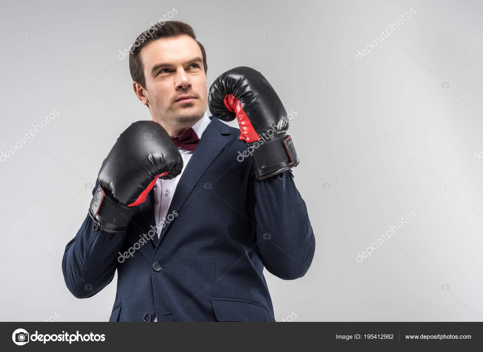 Handsome Thoughtful Man Suit Bow Tie Wearing Boxing Gloves Isolated ...