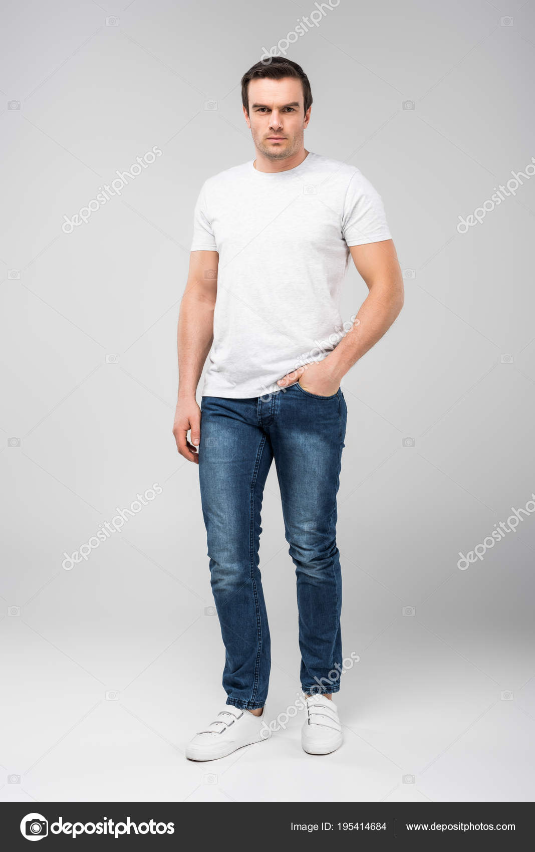 Handsome Man Hand Pocket Looking Camera Isolated Grey Stock Photo by ...
