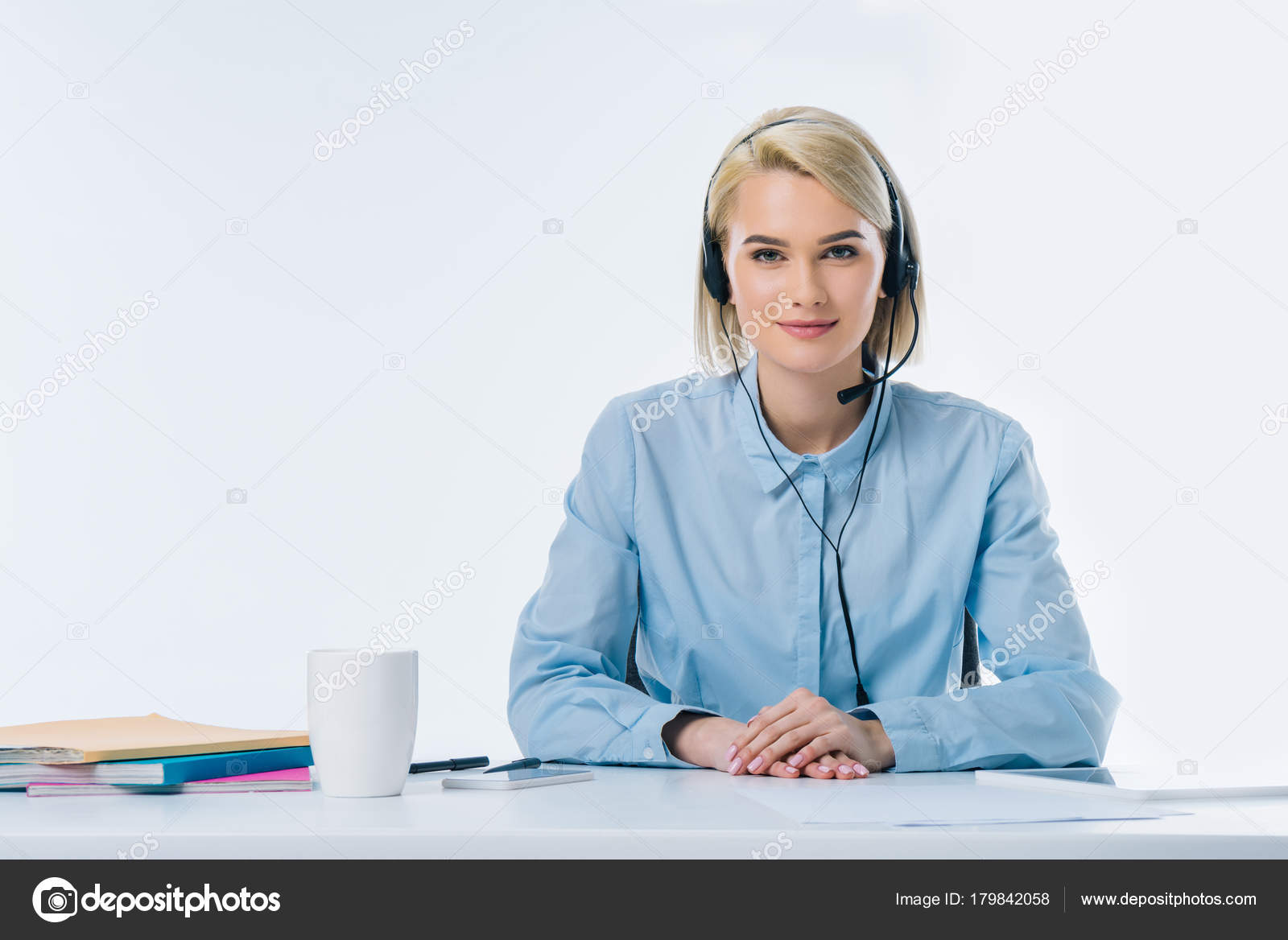 Portrait Young Smiling Call Center Operator Headset Workplace — Stock Photo © EdZbarzhyvetsky ...