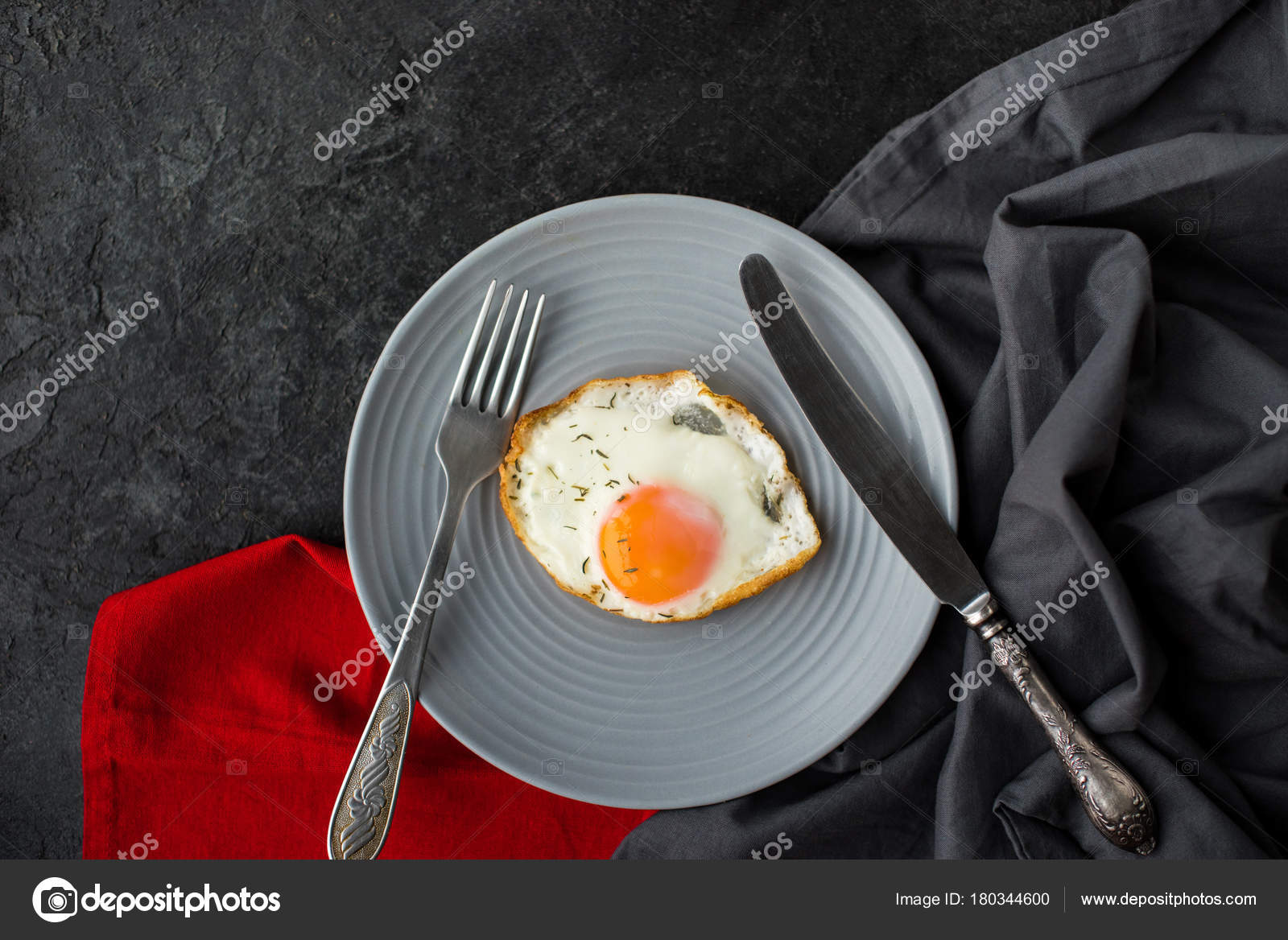 Top View Fried Egg Plate Breakfast Cutlery Dark Surface Stock Photo by ...