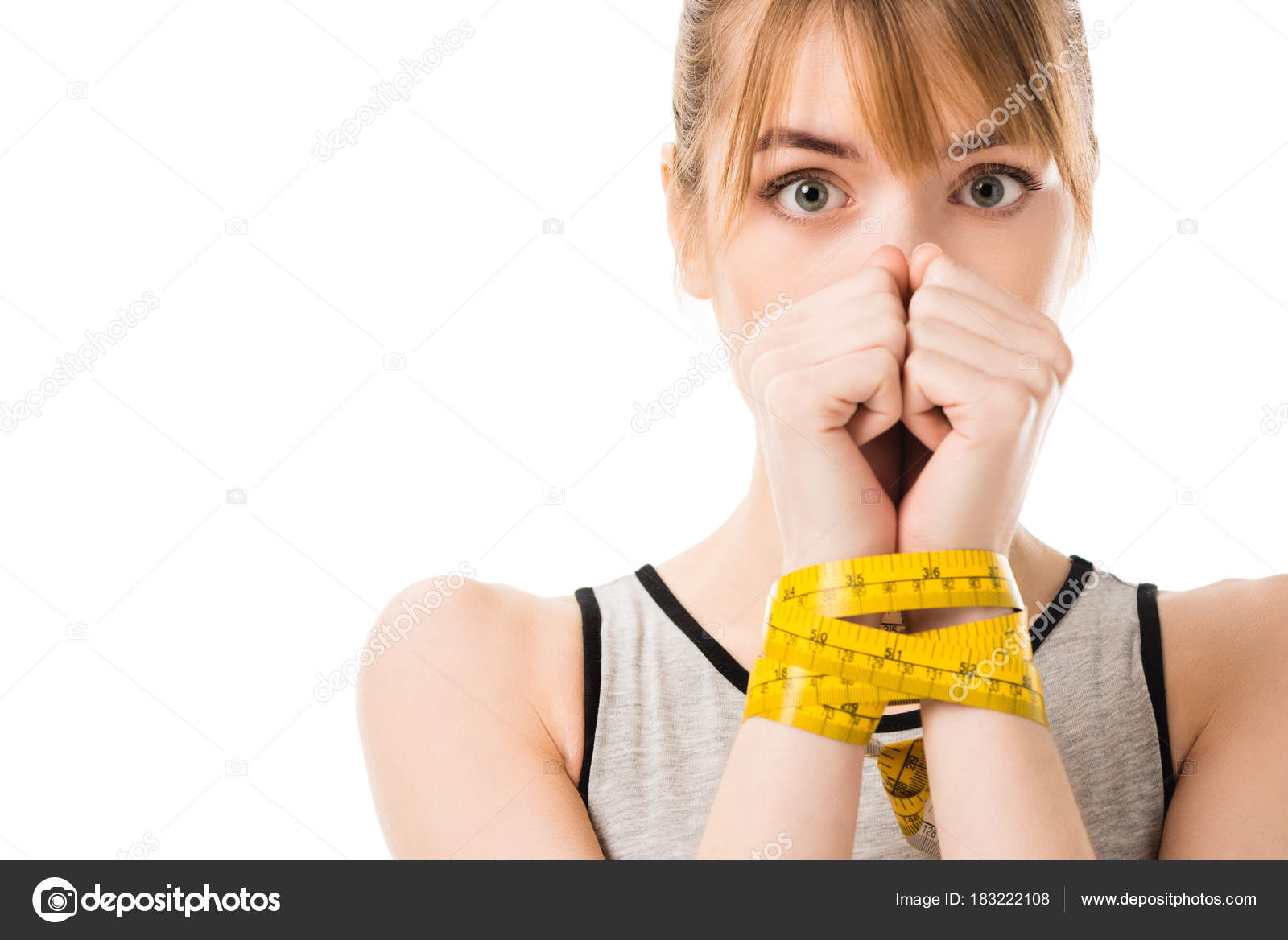 Scared Young Woman Covering Face Hands Tied Measuring Tape Isolated ...
