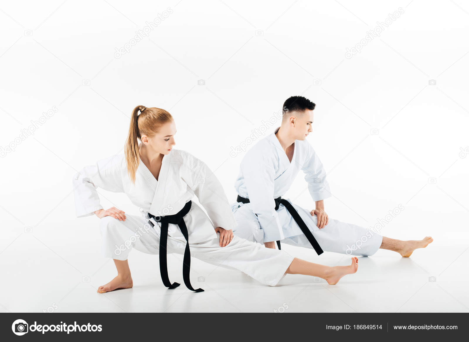 Karate Fighters Stretching Legs Isolated White — Stock Photo ...