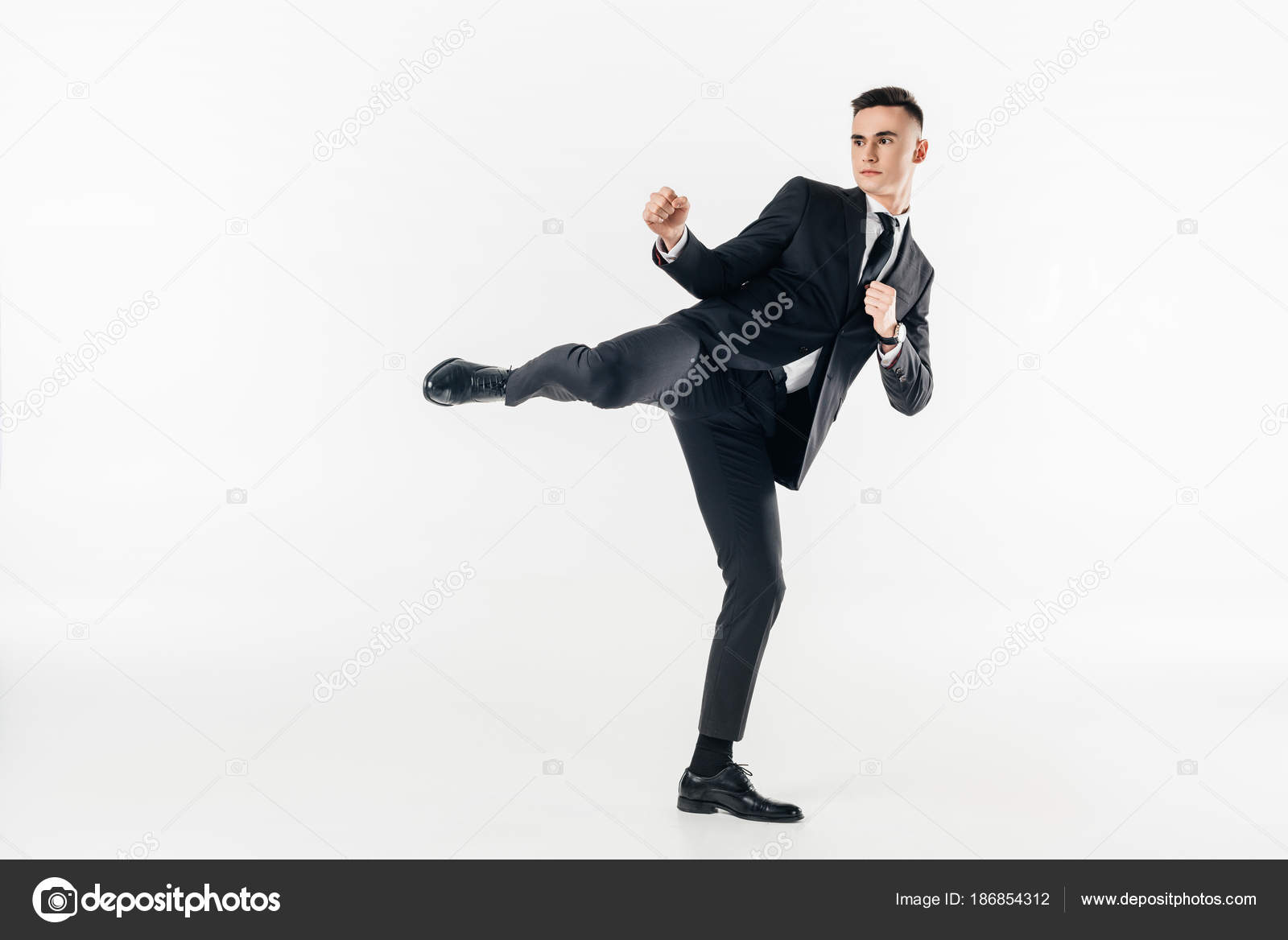 Businessman Suit Performing Karate Kick Isolated White — Stock Photo ...