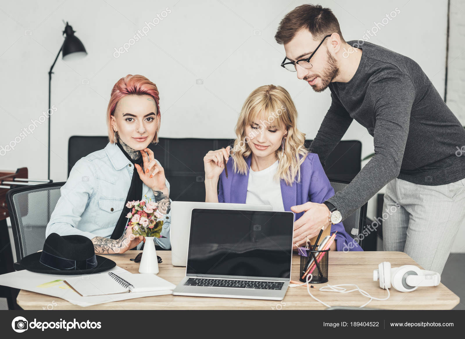 Portrait Group Creative Workers Discussing New Idea Workplace Office ...